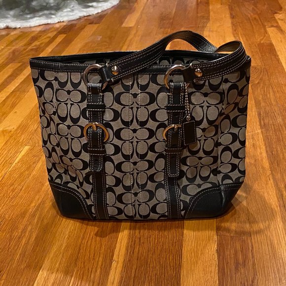 Coach | Bags | Coach Logo Leather Trim Fabric Tote Handbag Black | Poshmark